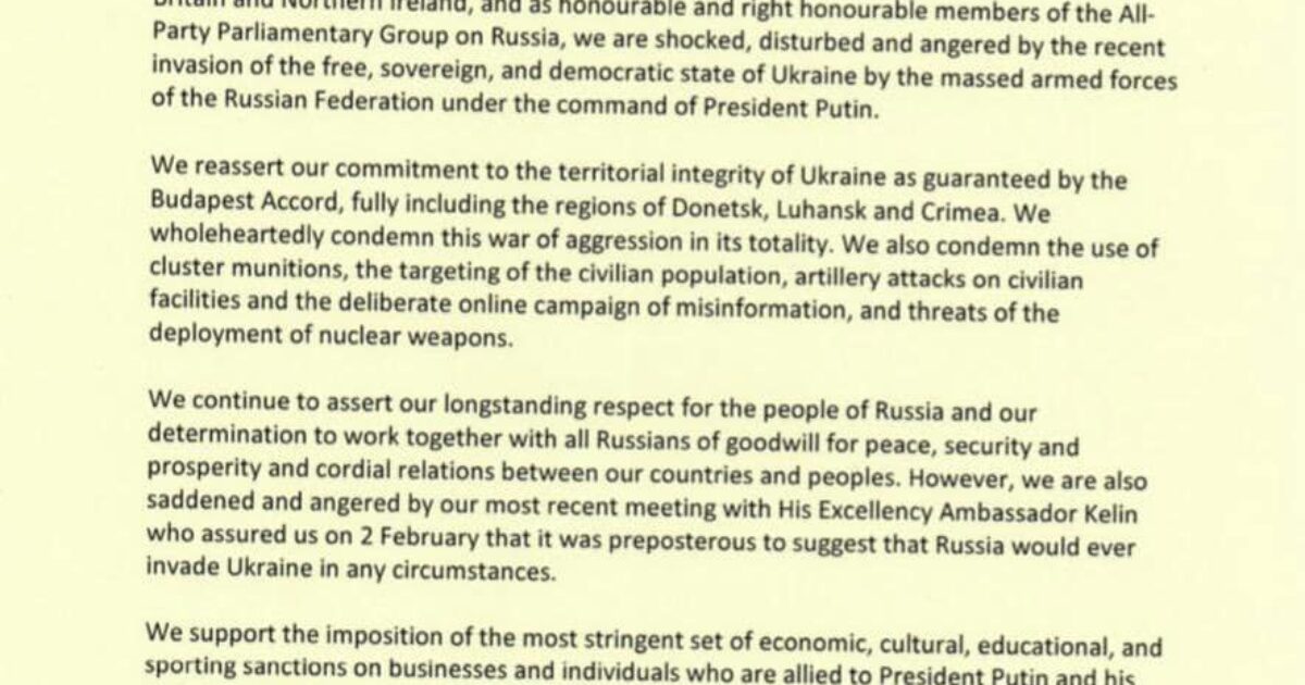 Statement on Ukraine – APPG Letter - Kerry McCarthy